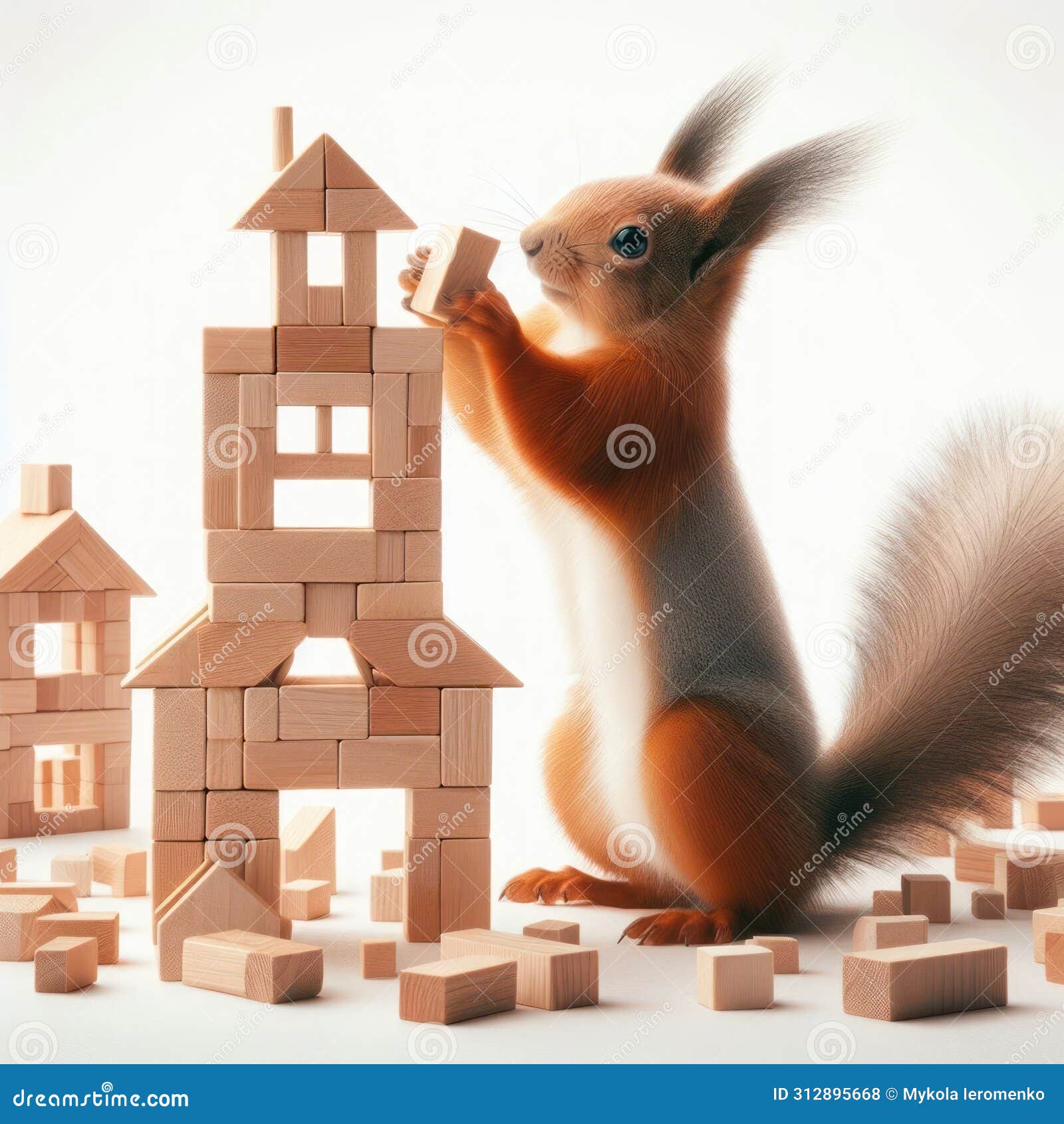 Squirrel Builds a House Out of Wooden Blocks. Stock Photo - Image of ...