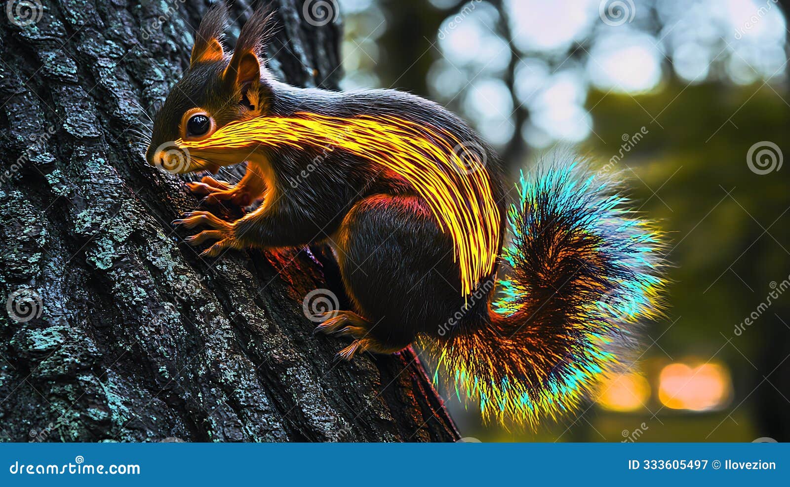 Red Squirrel Bushy Tail Scampers Tree Branch In Dense Forest, Sunlight ...