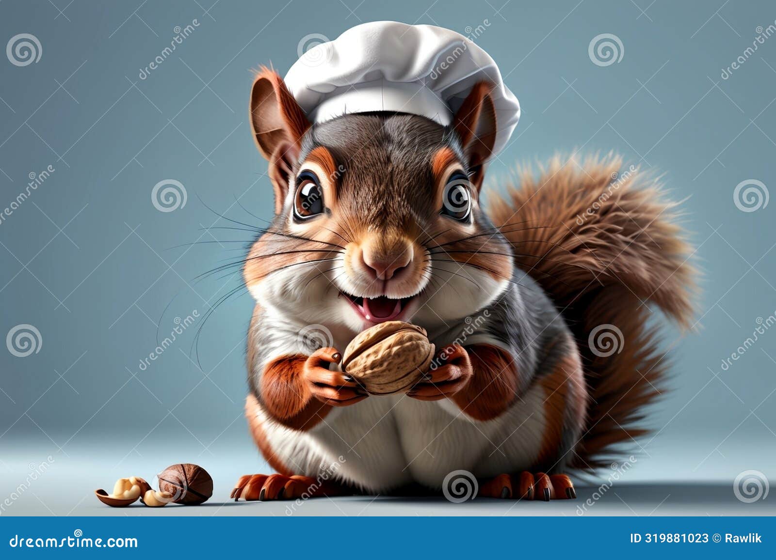 Squirrel in a Chef S Hat Cleaning Nuts, Isolated on a Blue Background ...