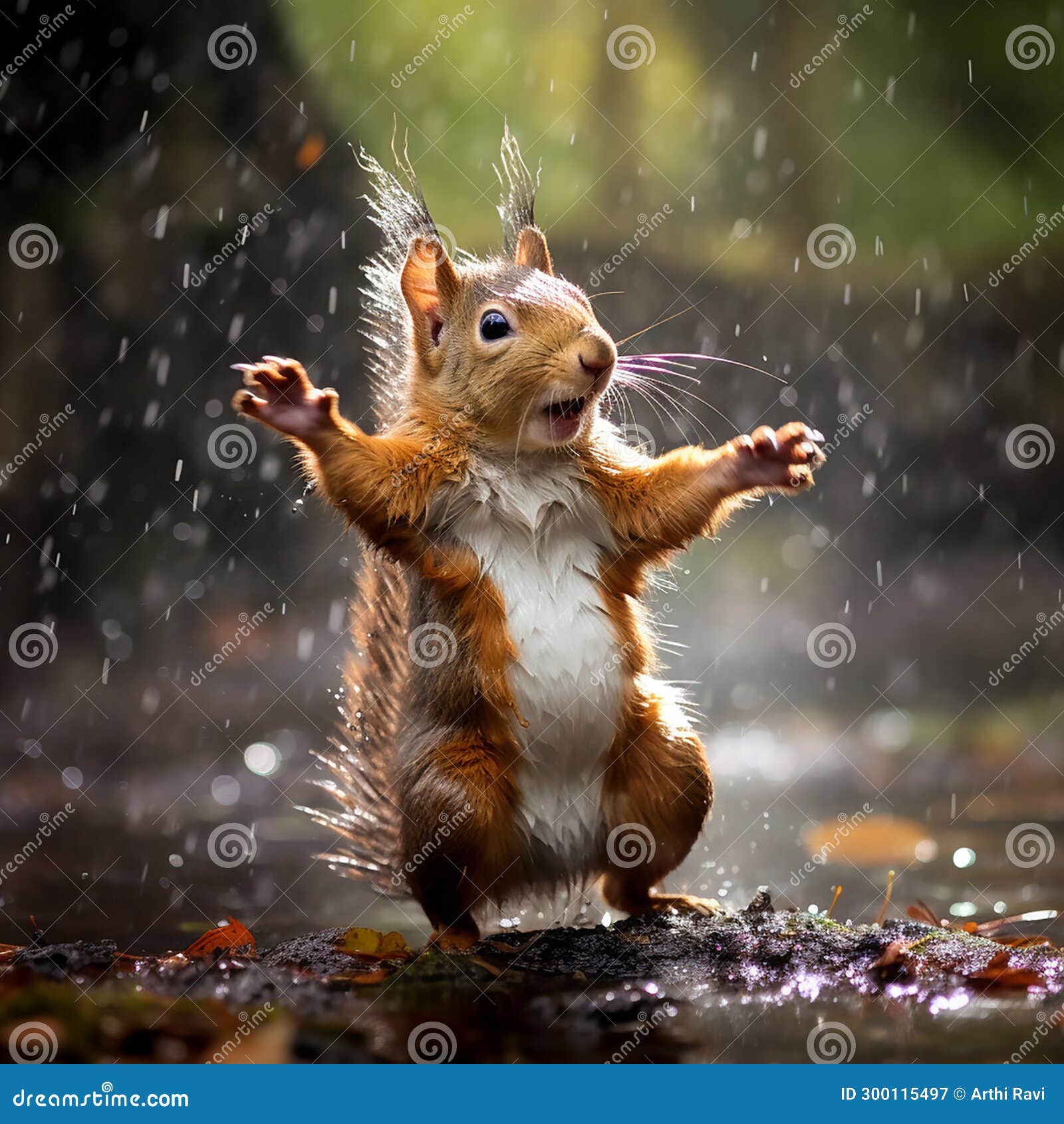 Squirrel Dancing in Rain with Rainy Forest Background Stock ...