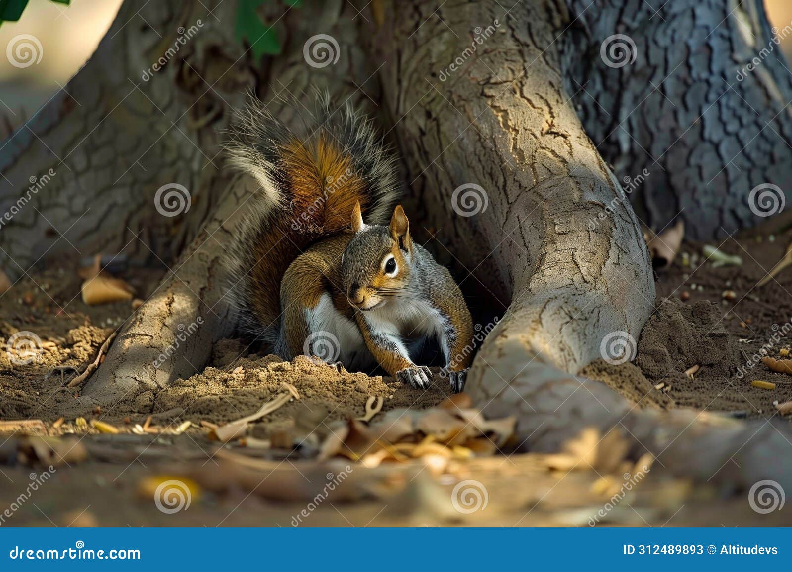 Squirrel Disappearing into a Burrow at the Base of a Tree Stock Image ...