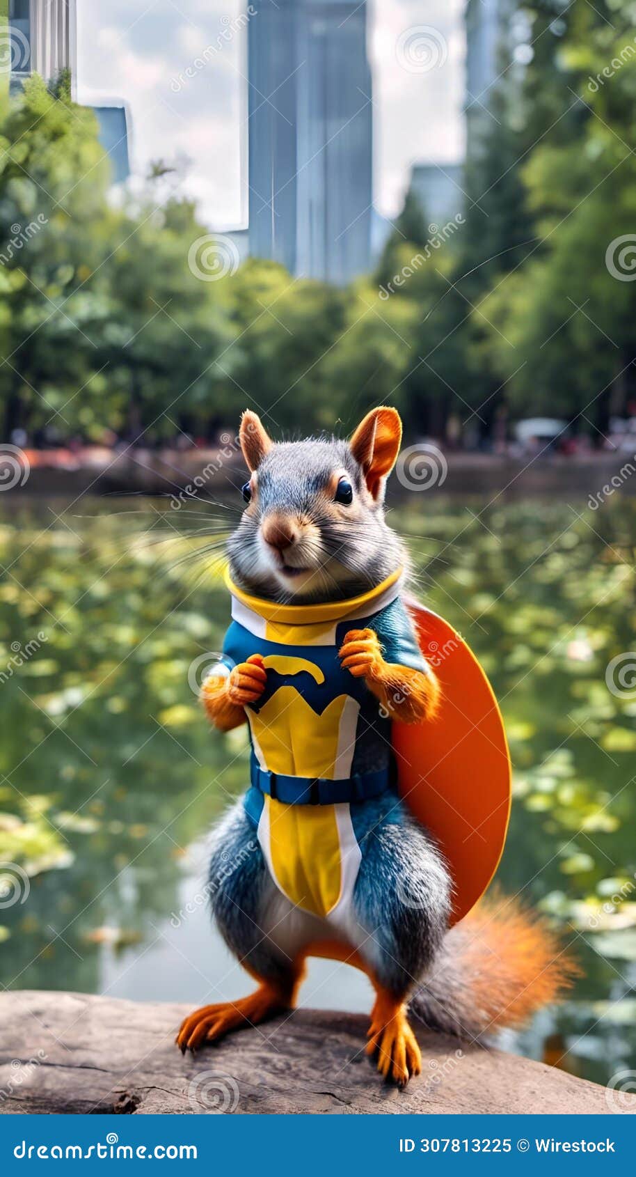 A Squirrel Dressed As a Super Hero by the River is Posed for the Camera ...