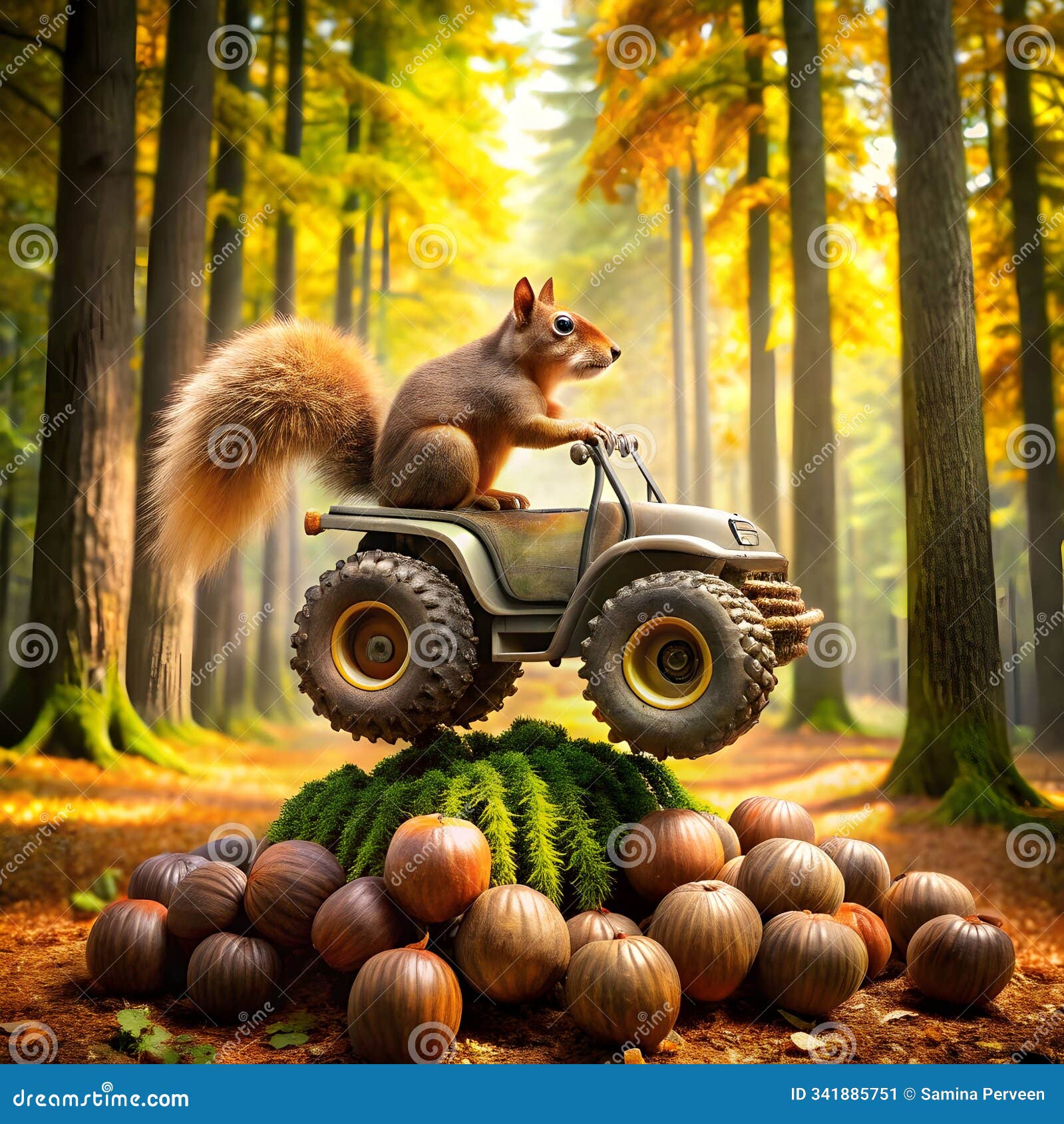 A Squirrel Driving a Monster Truck through a Forest, Navigating a Stock ...