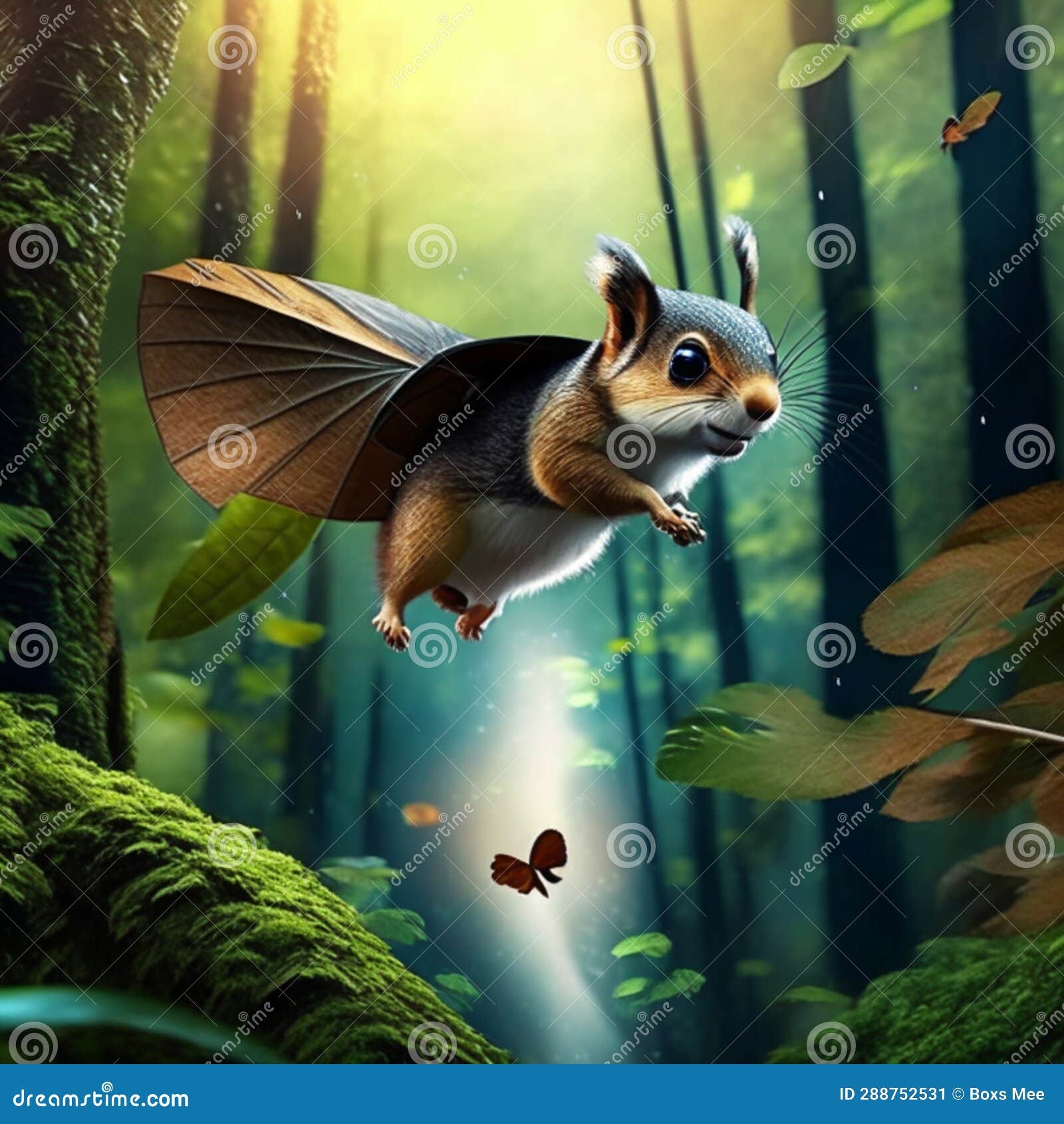 Squirrel Flying in the Forest. 3d Rendering. Computer Digital Drawing ...