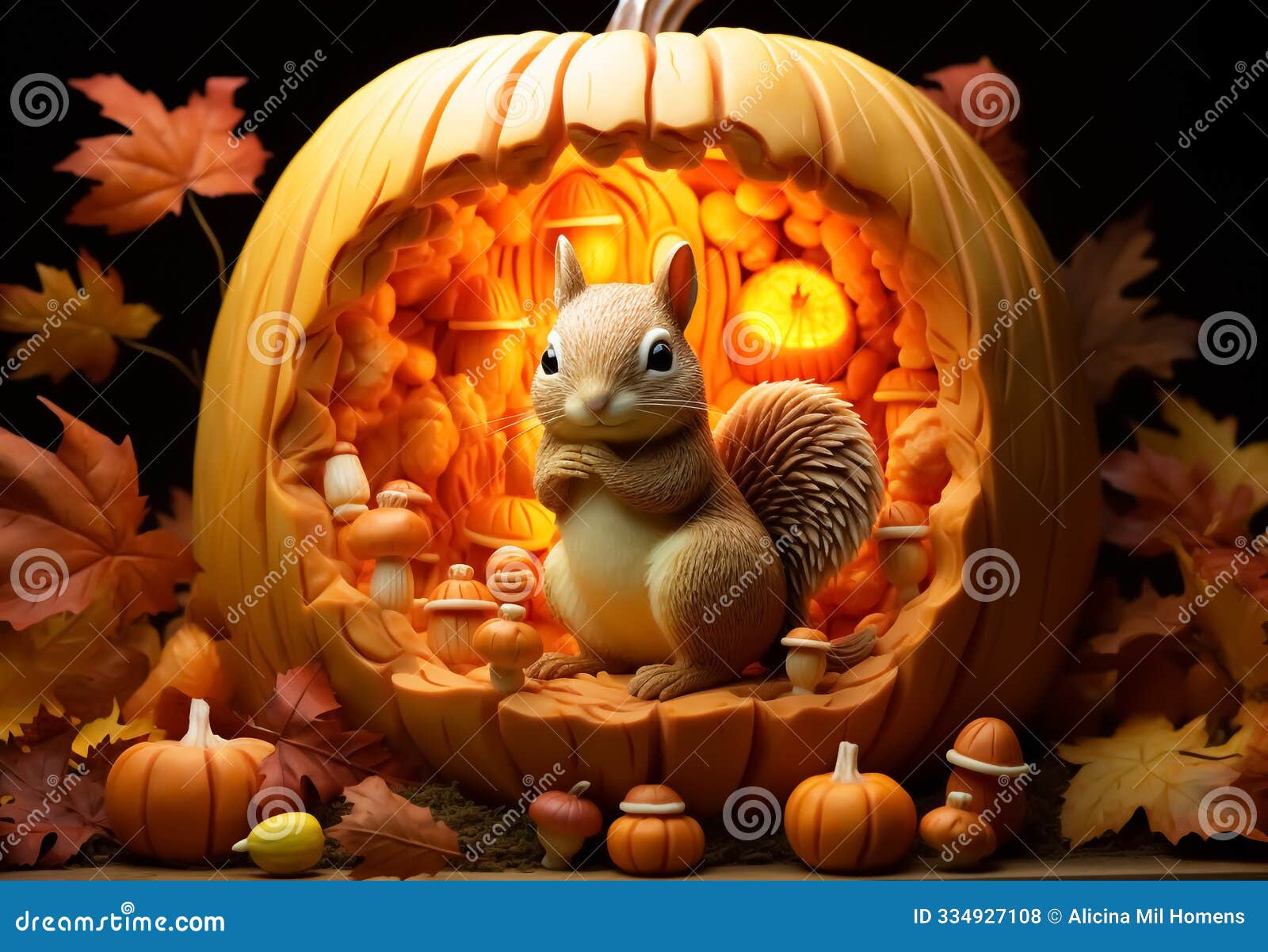 Squirrel in the Forest with Nuts and Pumpkins in Halloween Environment ...