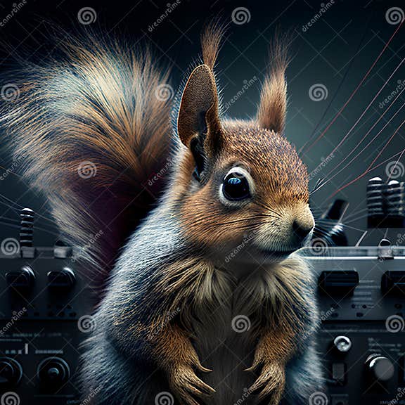 Squirrel in Front of Sound Equipment. 3d Rendering. Computer Digital ...