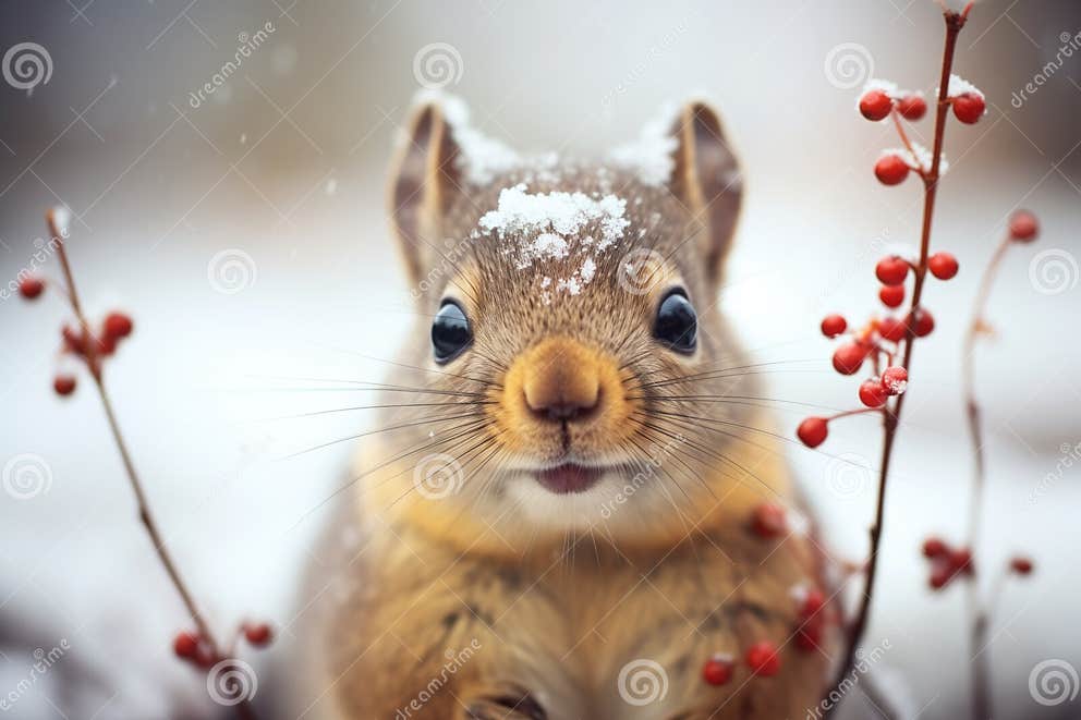 Squirrel with Full Cheeks beside Winter Berries Stock Photo - Image of ...