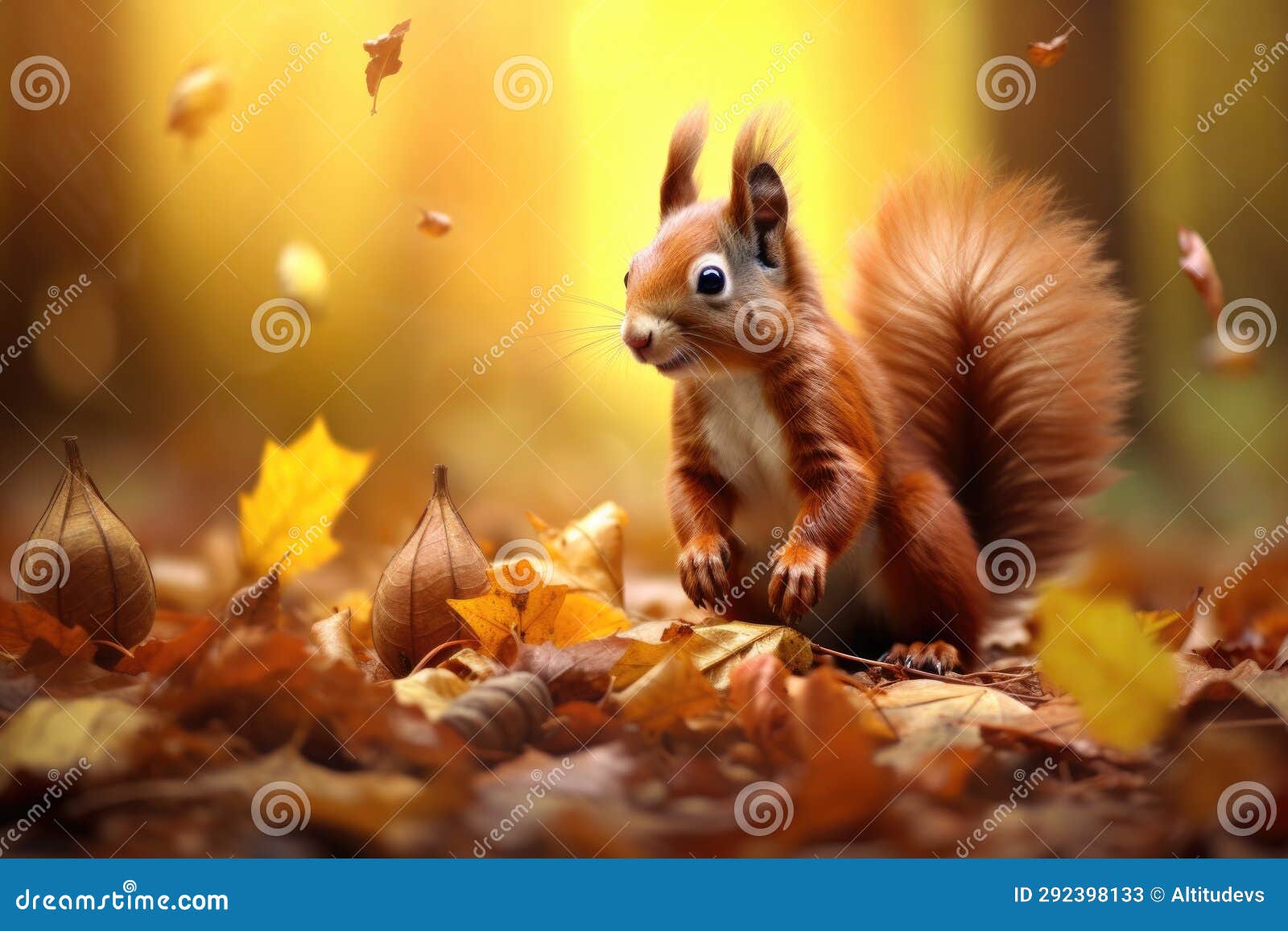 A Squirrel Gathering Nuts Under Falling Autumn Leaves Stock Image ...