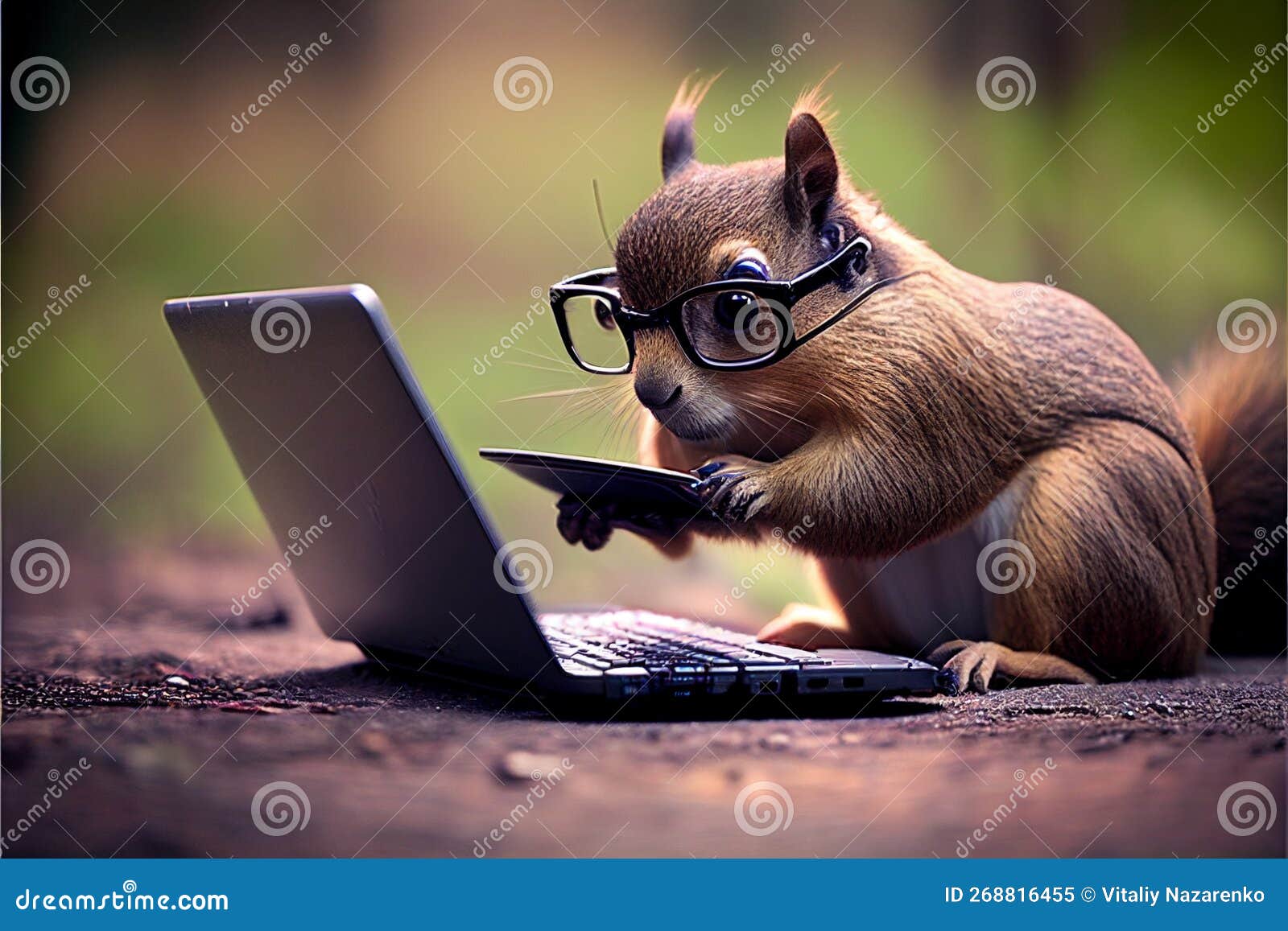 Squirrel in Glasses Uses a Laptop. AI Generated. Stock Image - Image of ...