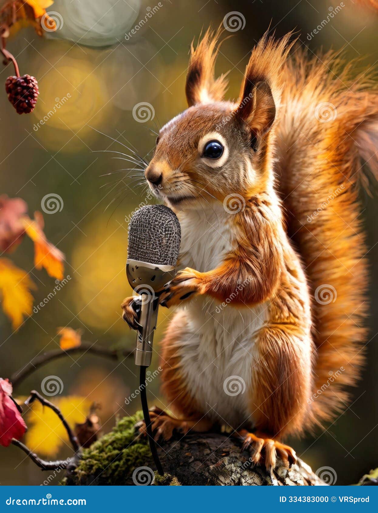 Squirrel Holding a Microphone on a Tree Branch in Autumn Stock Photo ...