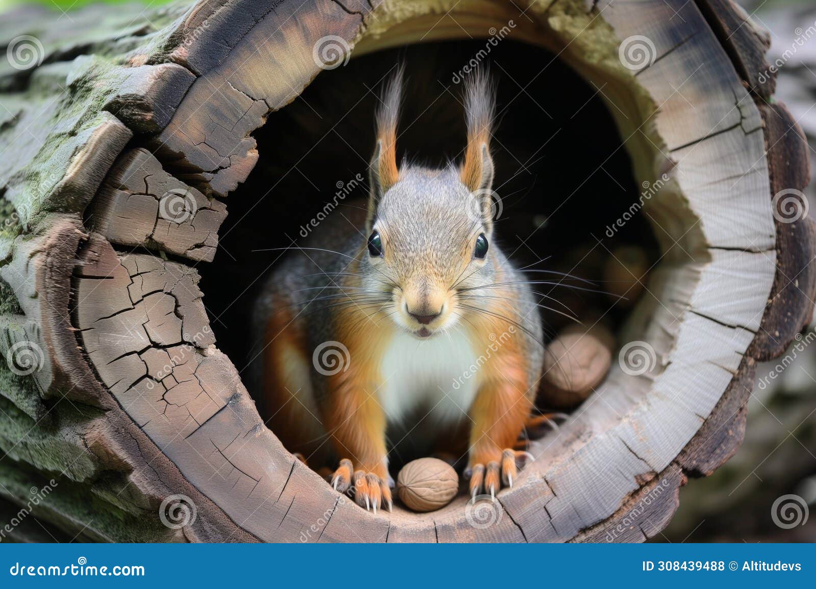 Squirrel in a Knothole with a Nut Collection Stock Photo - Image of ...