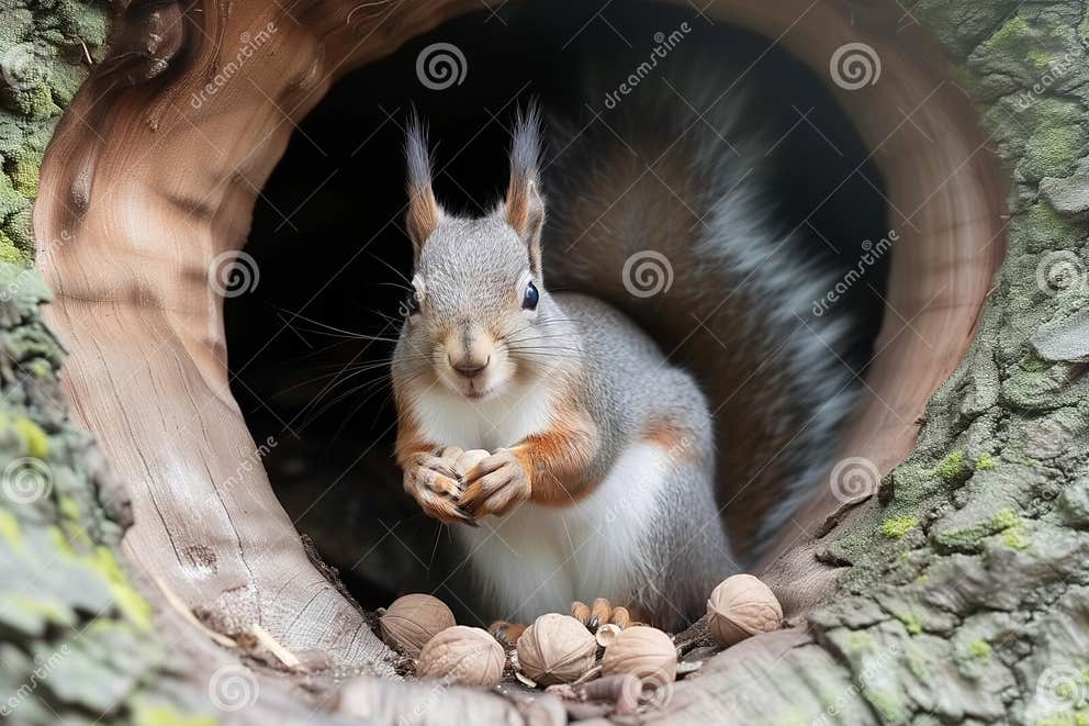Squirrel in a Knothole with a Nut Collection Stock Image - Image of ...