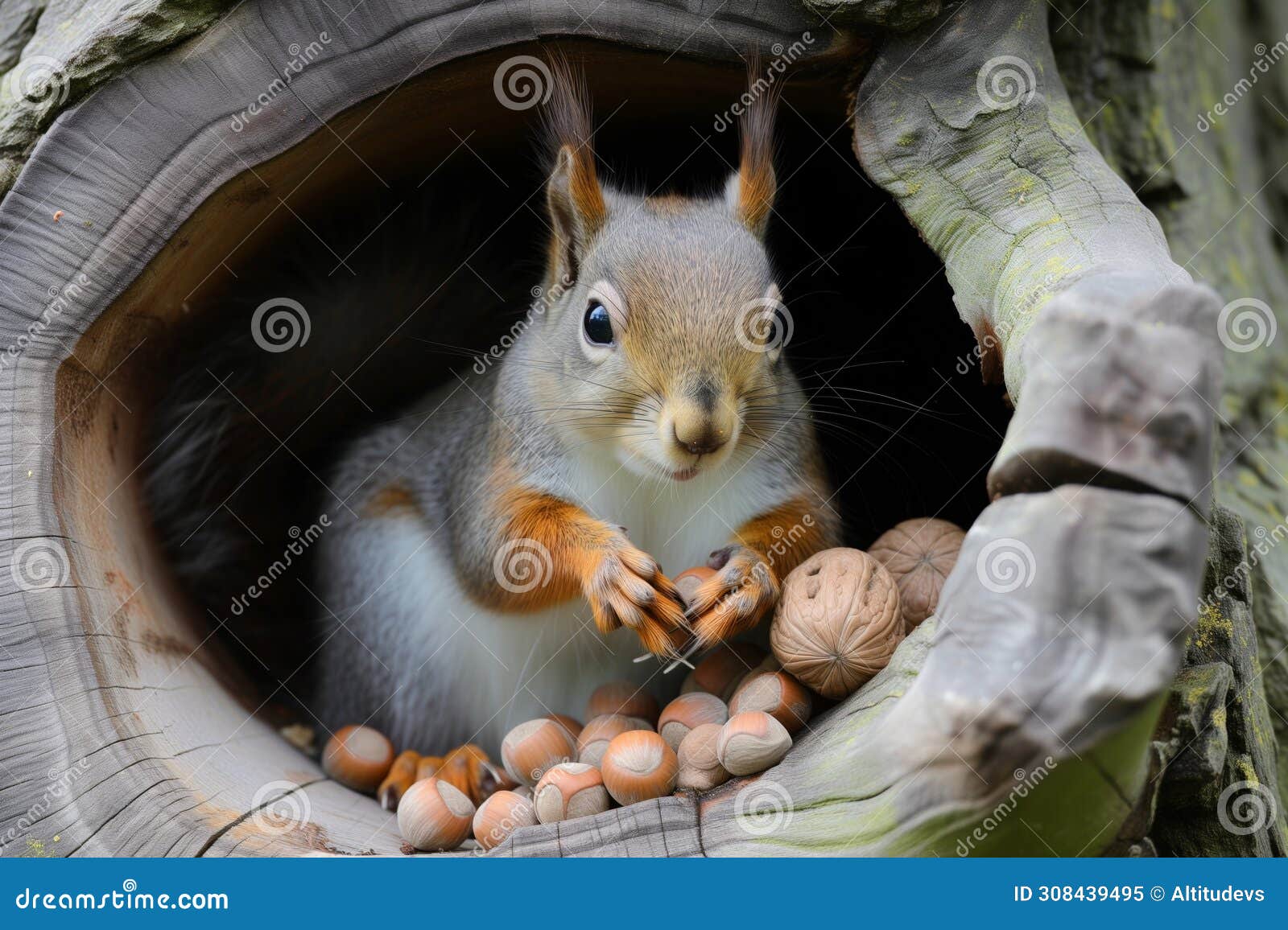 Squirrel in a Knothole with a Nut Collection Stock Image - Image of ...