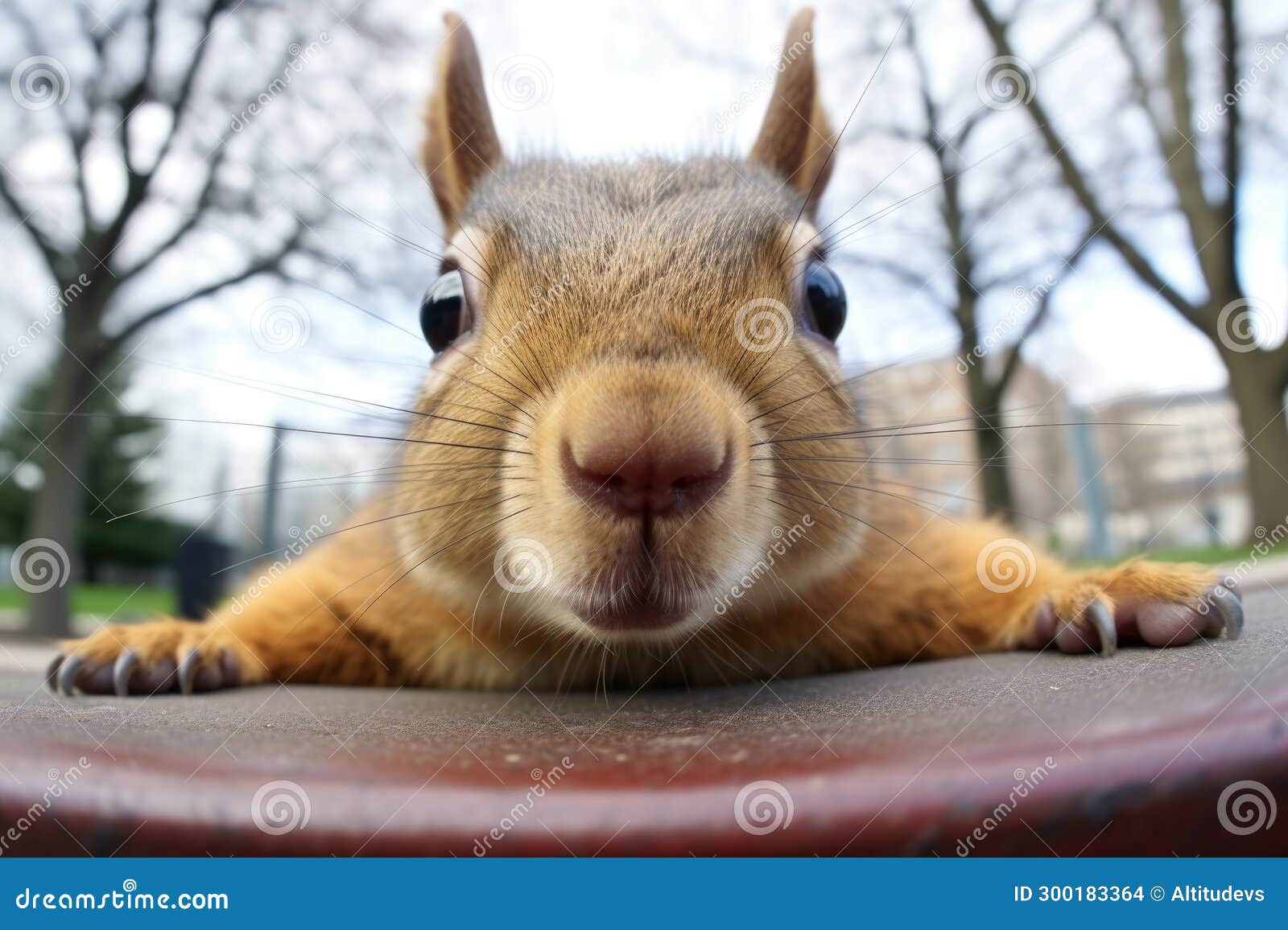 Squirrel Laying Flat on a Bench, Peering Curiously at the Camera Stock ...