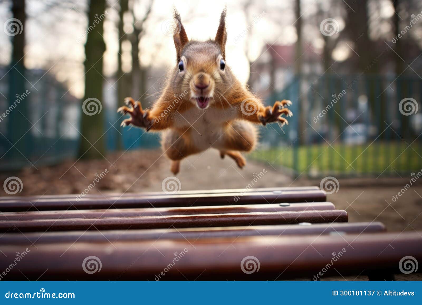 Squirrel Leaping Off a Metal Bench Onto the Ground Stock Image - Image ...