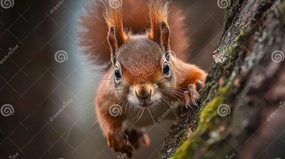 Squirrel Leaping from a Tree Trunk Stock Illustration - Illustration of ...