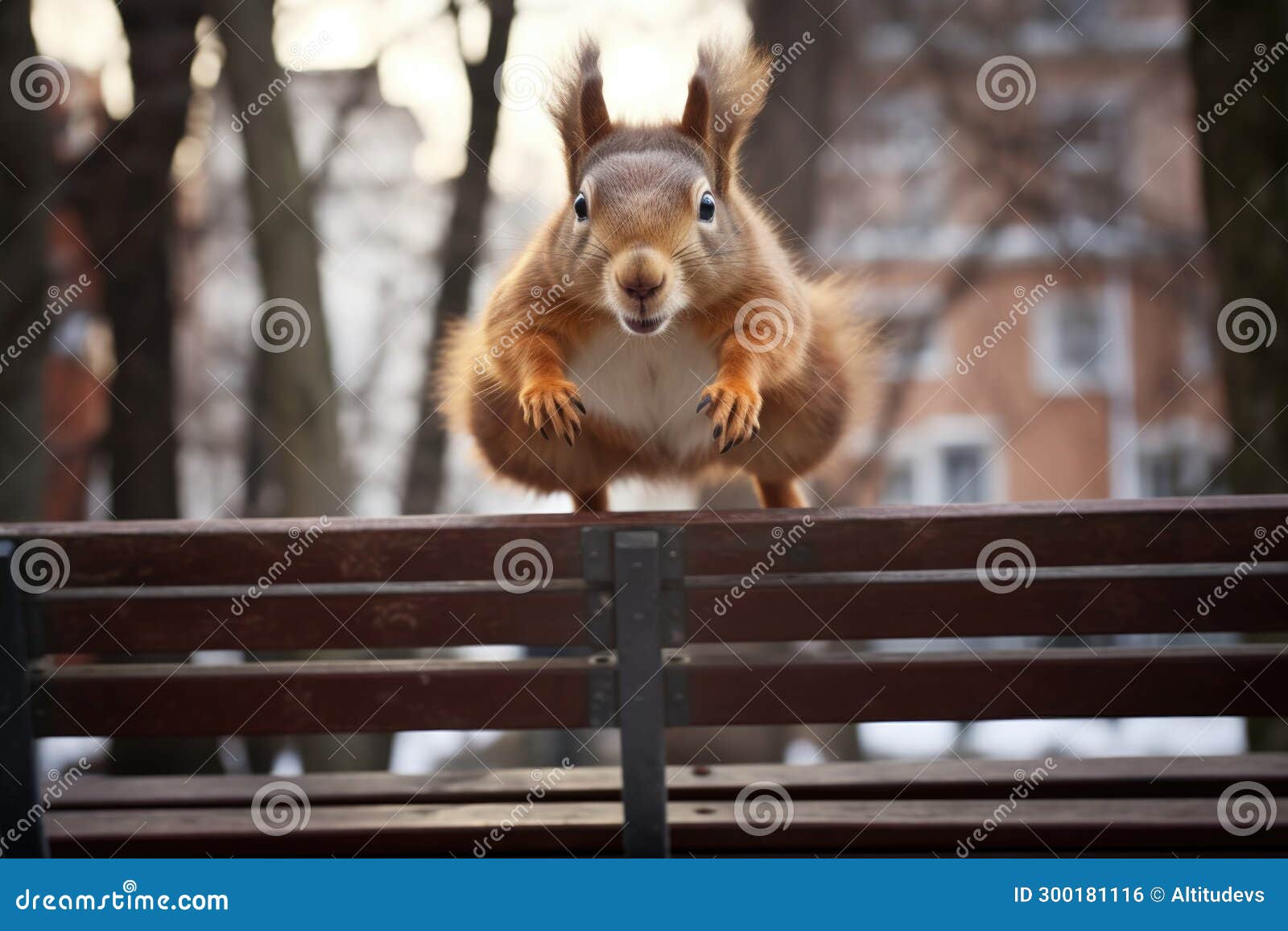 Squirrel in Mid-jump, Leaping from a Bench Stock Photo - Image of ...