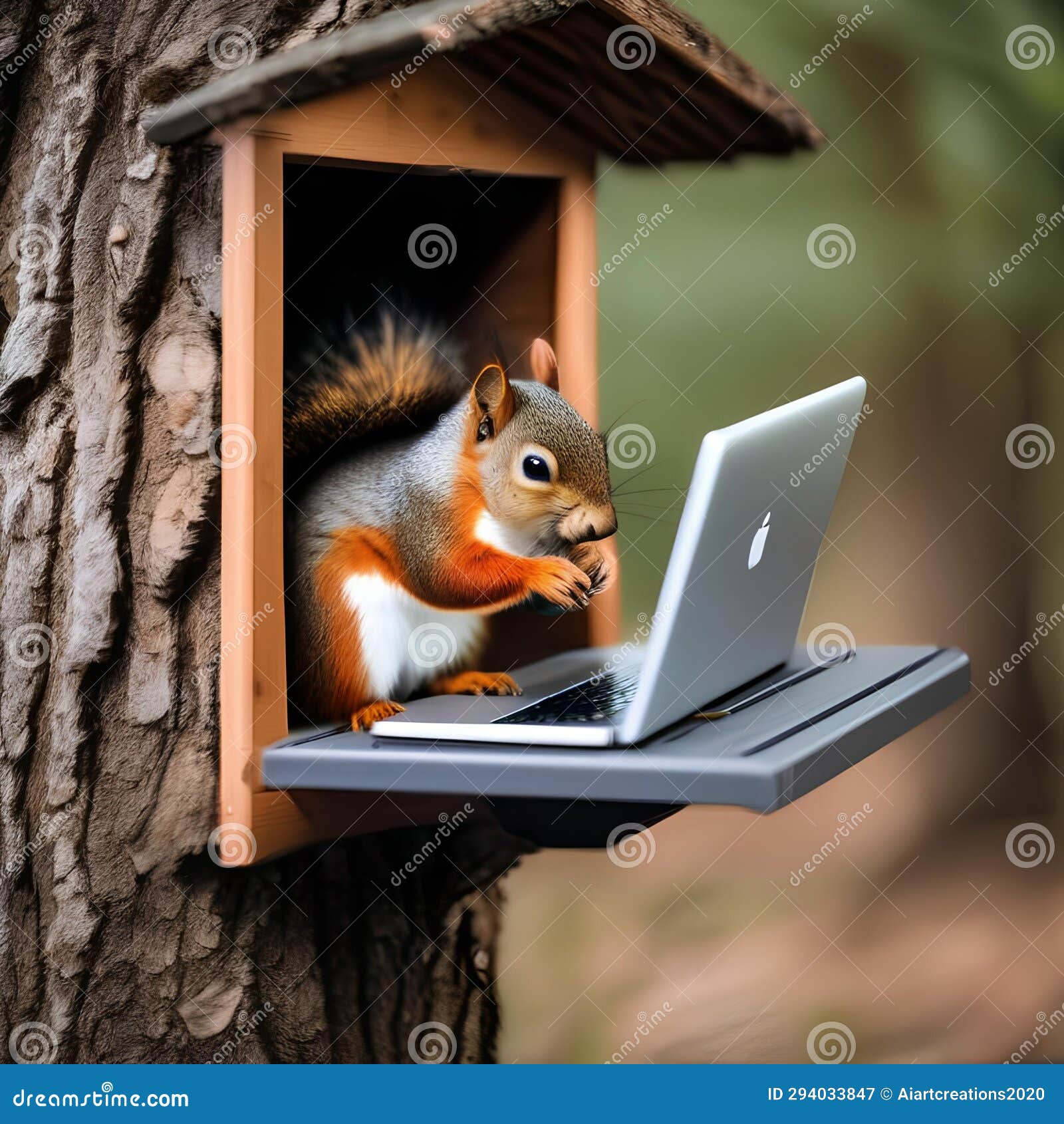 A Squirrel with a Mini Laptop, Browsing a Treehouse-sharing Website for ...