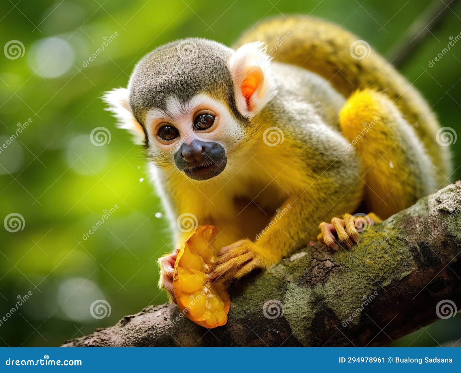 Squirrel monkey eating stock illustration. Illustration of snacking - 294978961