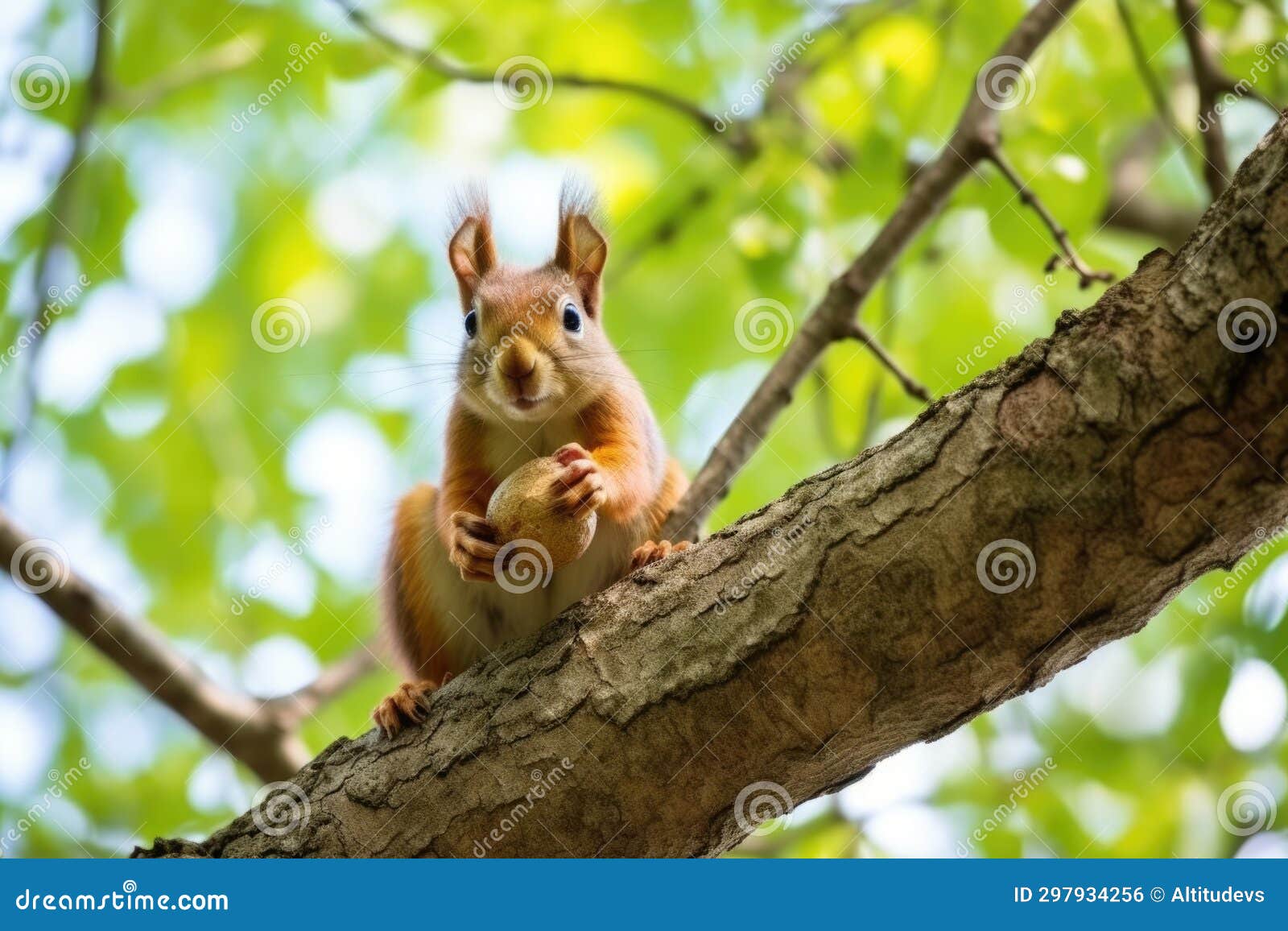 Squirrel Munching on an Acorn in a Tree Stock Photo - Image of ...