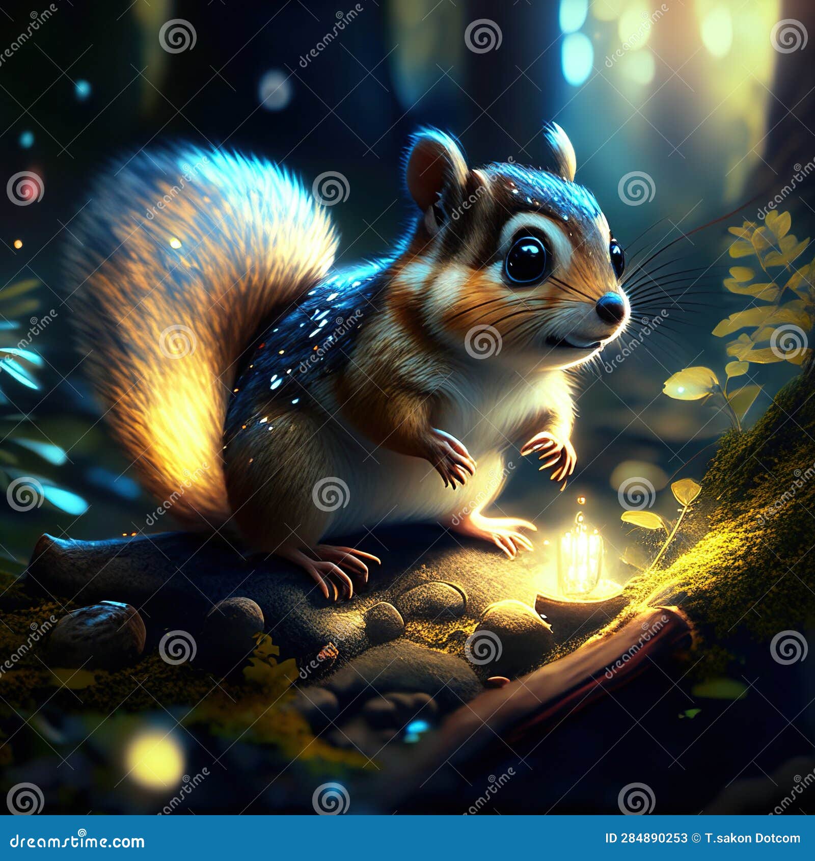 Squirrel in the Night Forest. 3D Rendering. Computer Digital Drawing ...