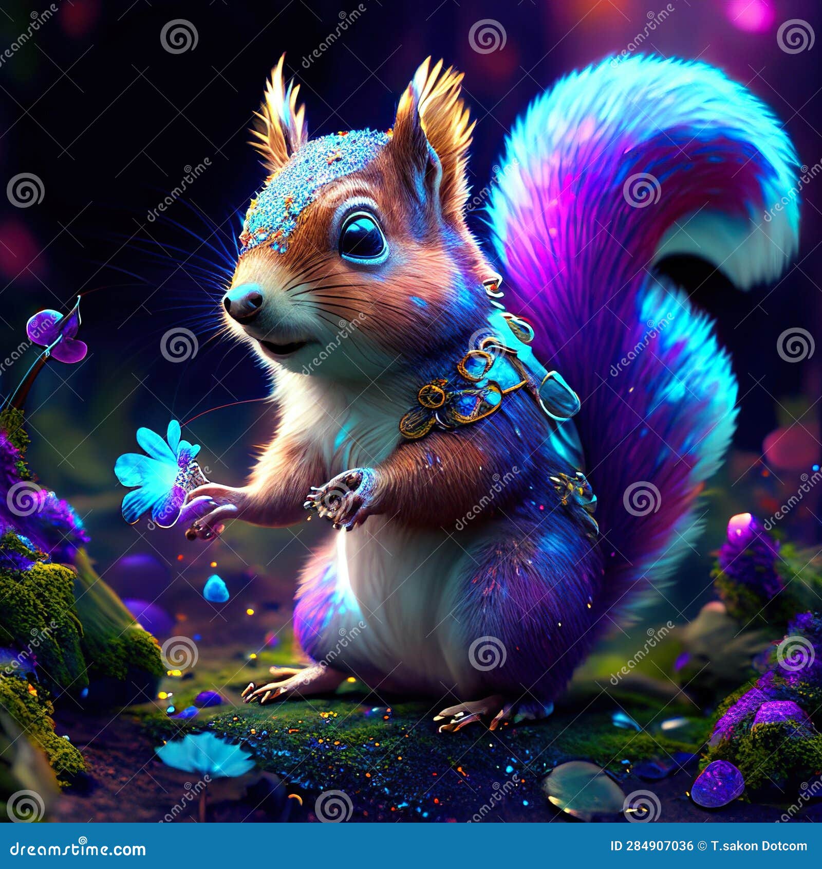 Squirrel in the Night Forest with Magic Light. Digital Painting Stock ...