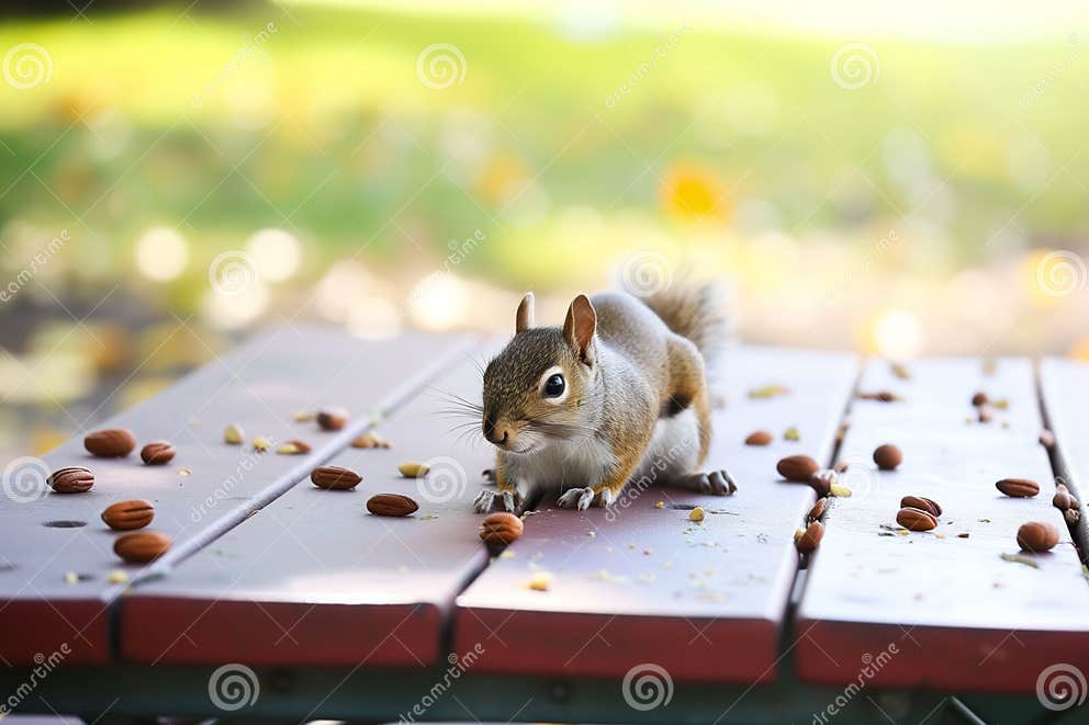 Squirrel on Picnic Table with Pecans Scattered Around Stock Photo ...