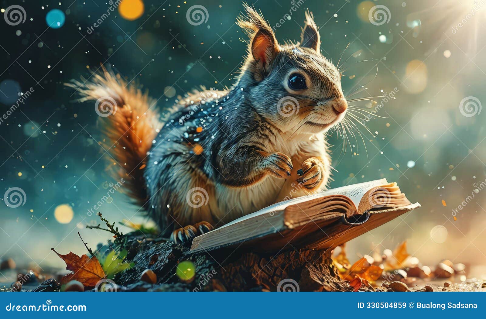 Squirrel Reading Book in the Fall Leaves Stock Illustration ...