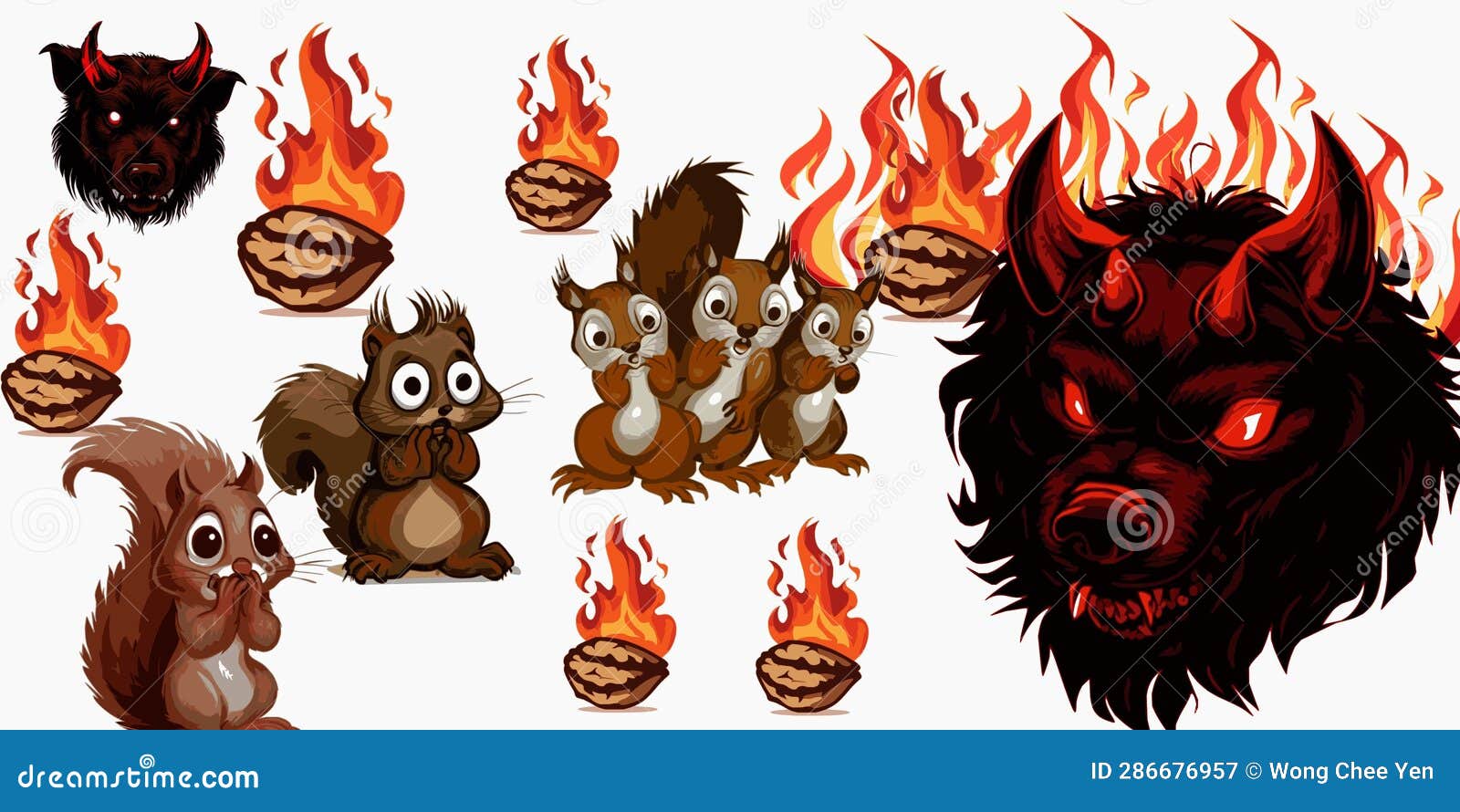 Squirrel Scared Hell Burning Walnuts and Dog Devils Vector Graphics ...