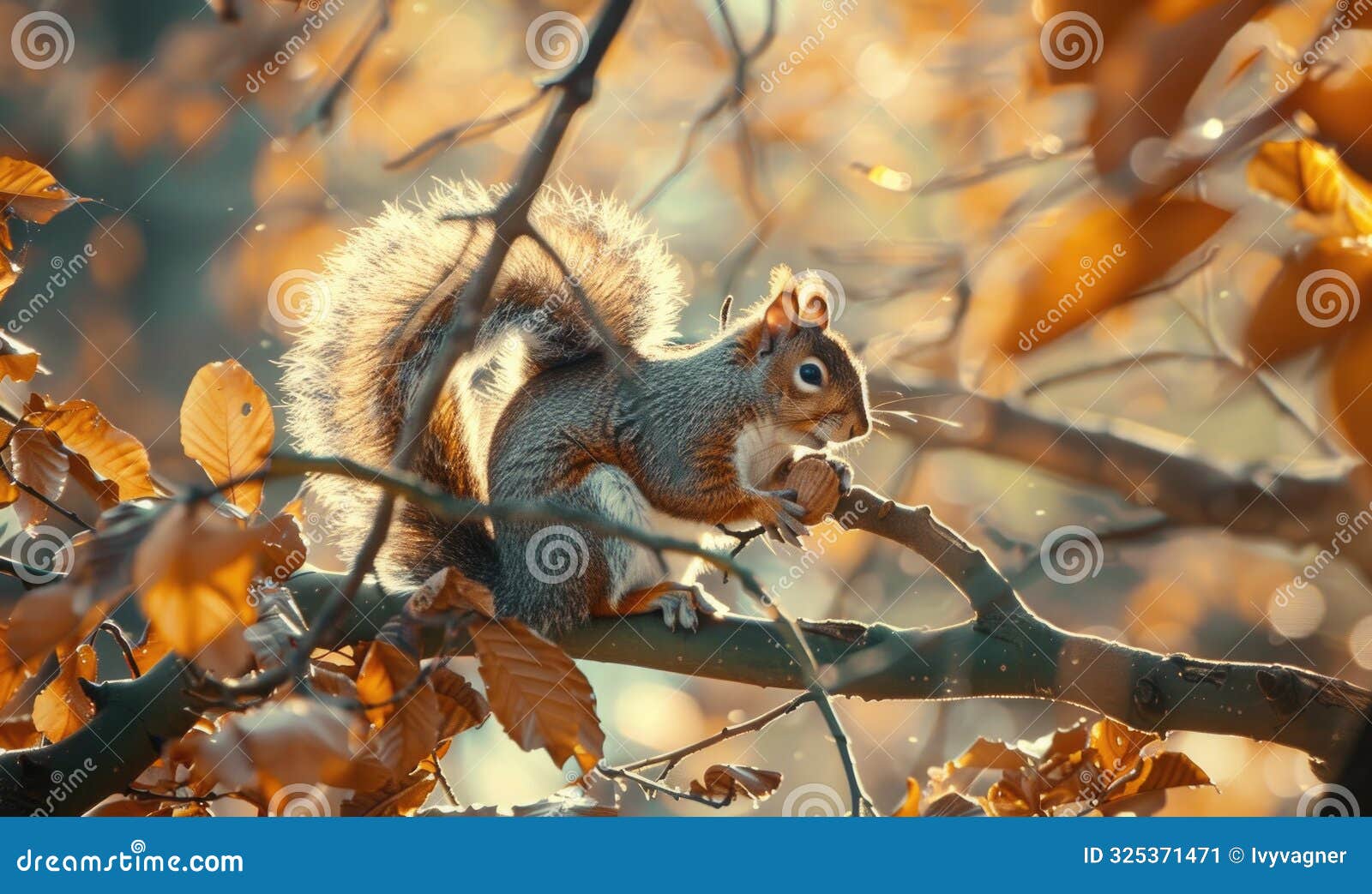 Squirrel Sitting on a Tree Branch Nibbling on a Nut Stock Image - Image ...