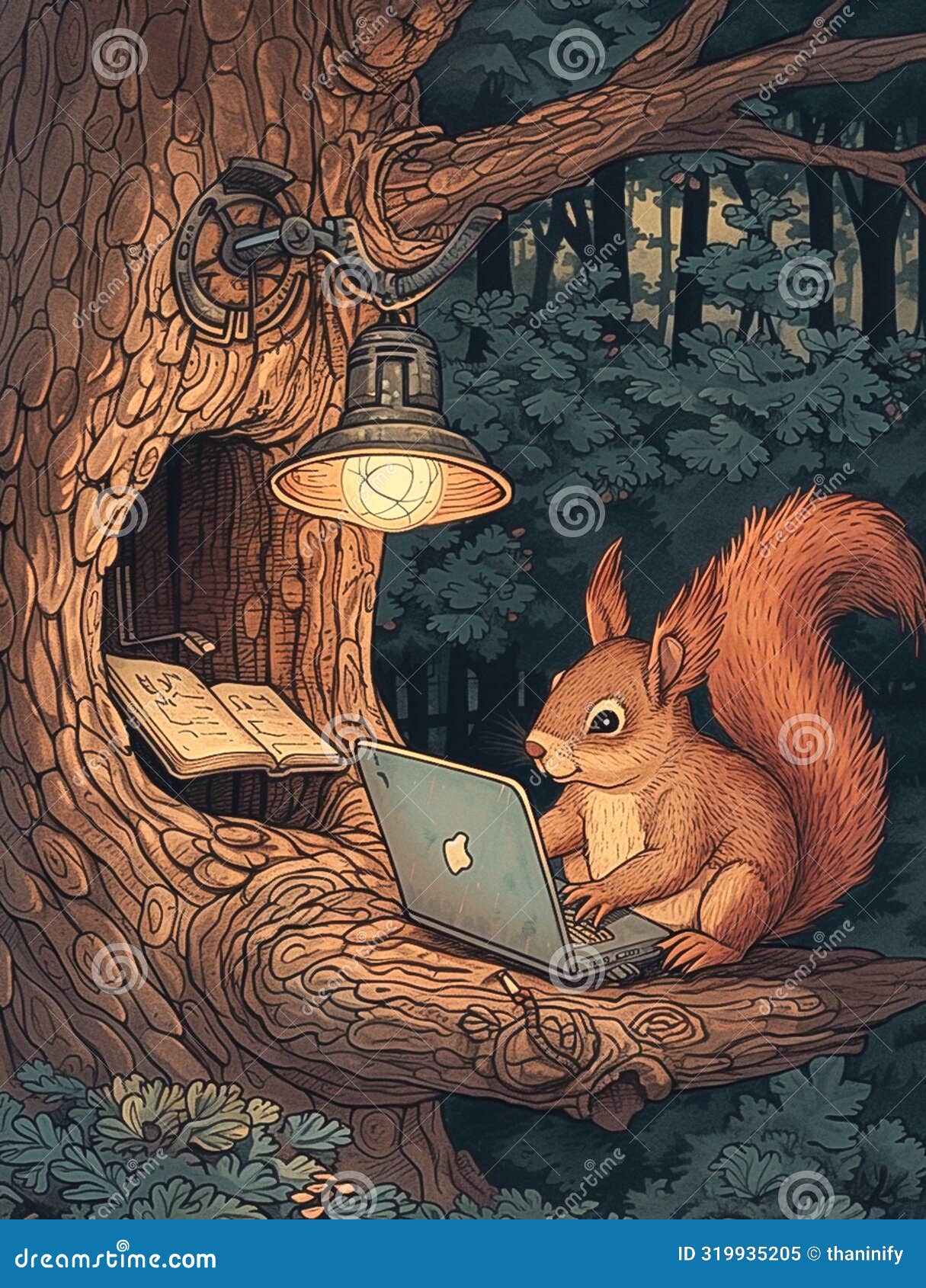 Squirrel Sitting on a Tree with a Laptop Stock Illustration ...