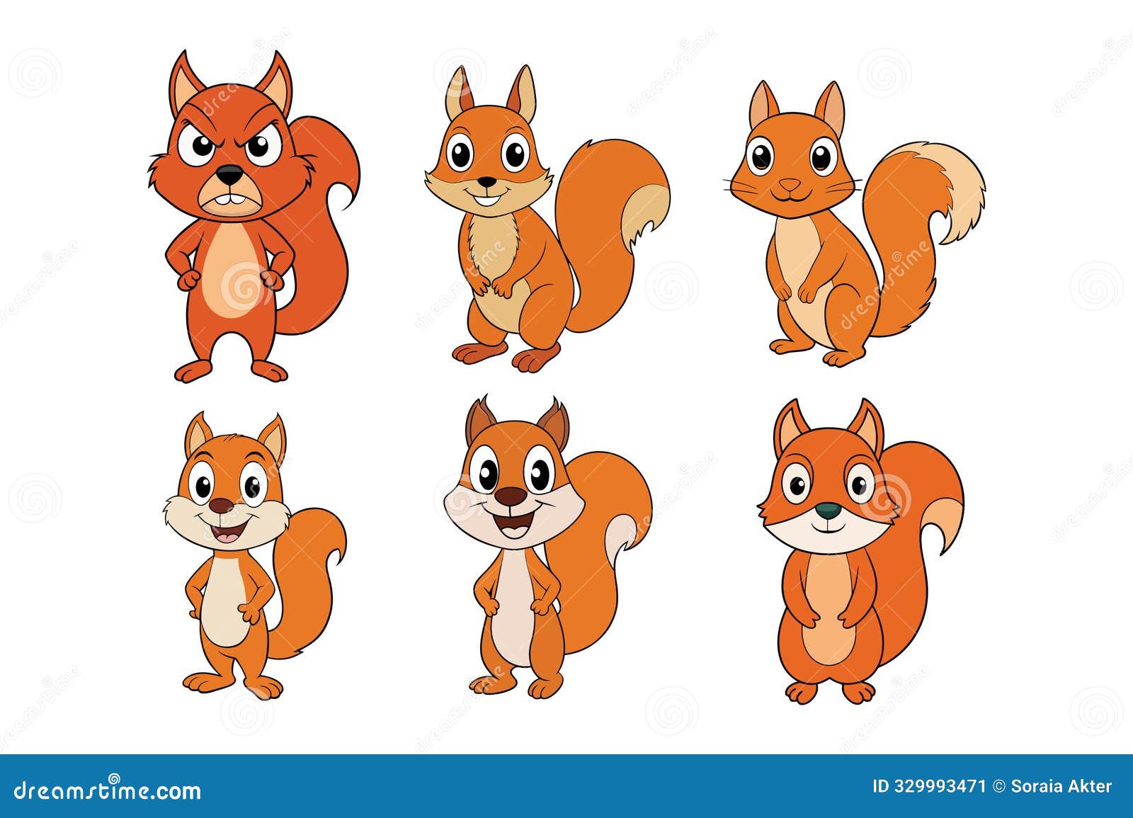 Squirrel Smiling Face Standing in Different Poses Cartoon Character Set ...