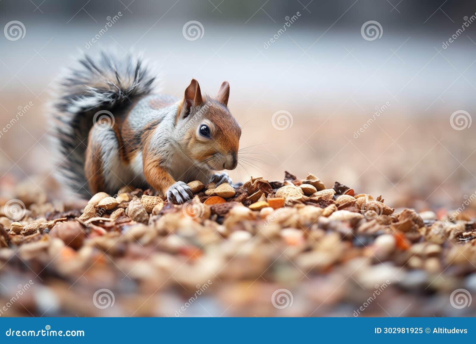 Squirrel Sniffing at a Pile of Mixed Nuts on the Ground Stock ...