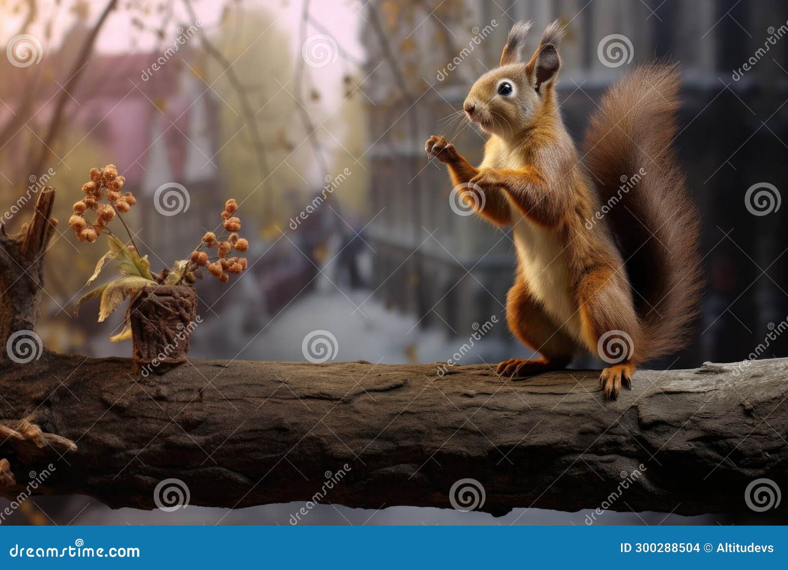 Squirrel Standing on a Bench, Reaching for a Tree Branch Stock Photo ...