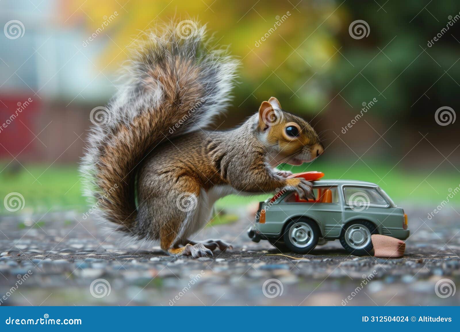 Squirrel Standing on a Toy Car As If Protecting it Stock Photo - Image ...
