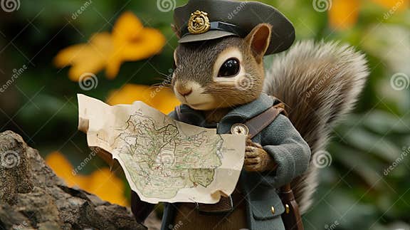 A Squirrel Styled As a Park Ranger with a Small Map and a Compass Stock ...