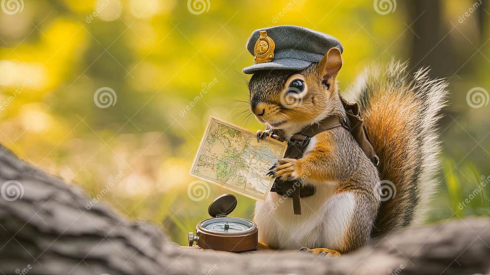 A Squirrel Styled As a Park Ranger with a Small Map and a Compass Stock ...