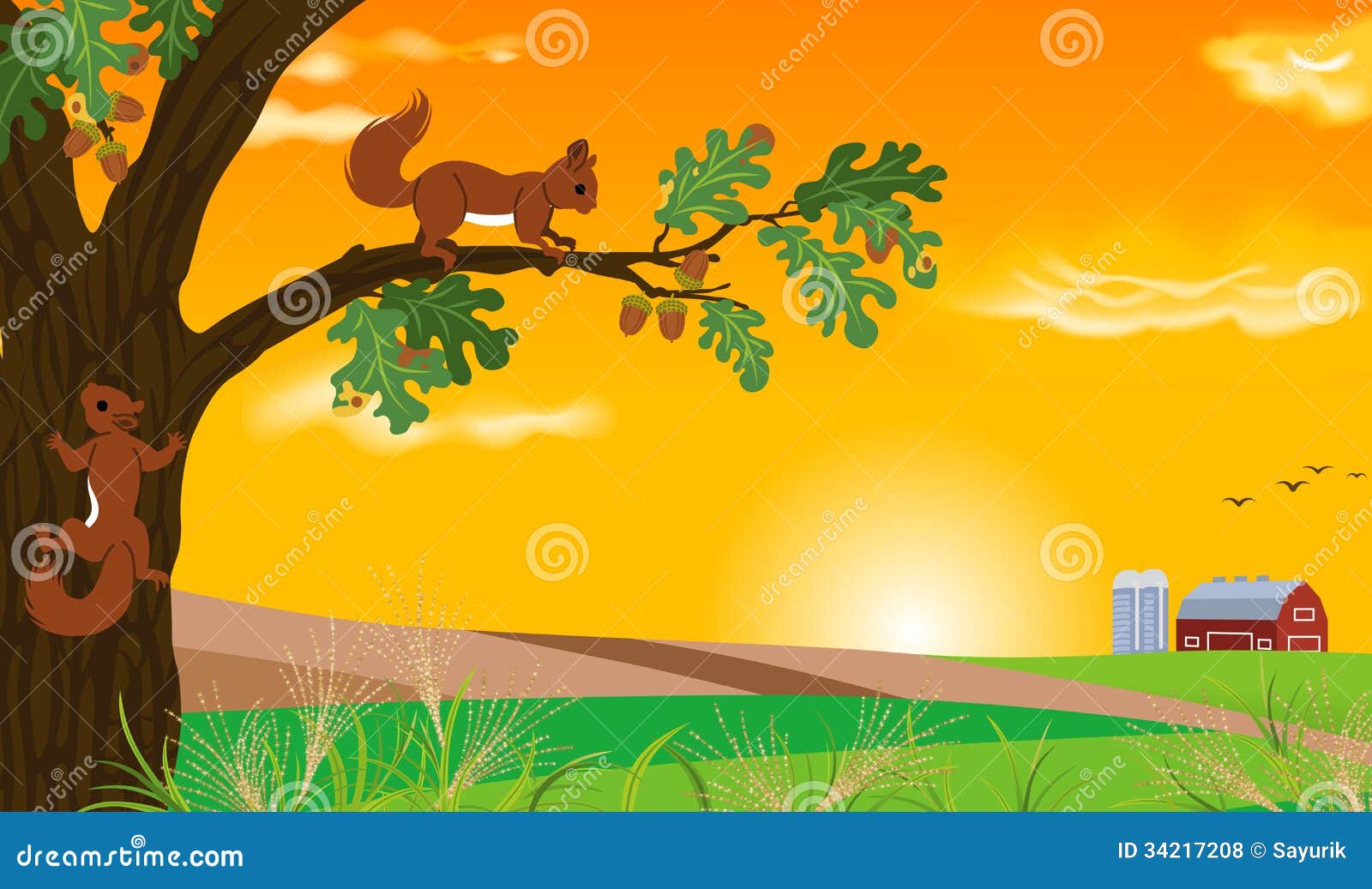 Squirrel and Sunset Landscape Stock Vector - Illustration of clouds ...