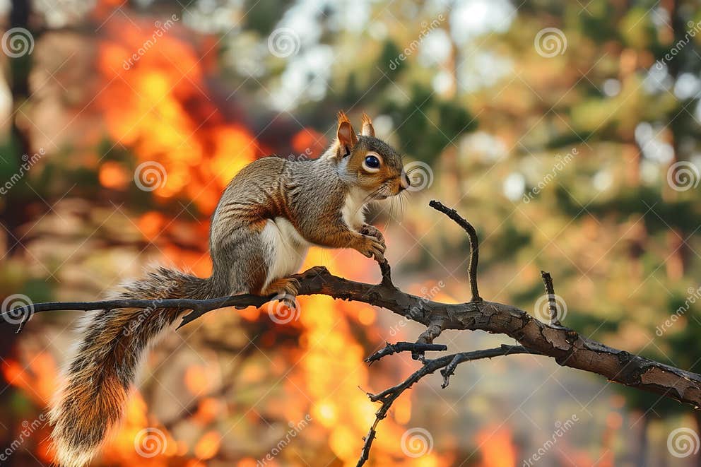 Squirrel on Tree Branch with Forest Fire Backdrop Stock Photo - Image ...
