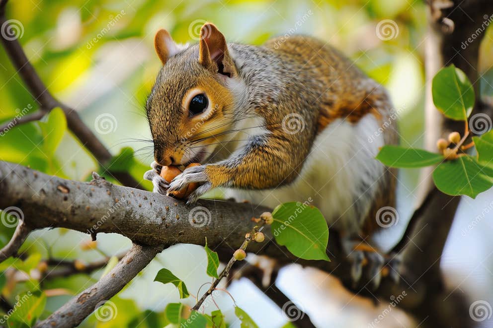 A Squirrel on Tree Branch Gnawing on Pecan Stock Photo - Image of ...