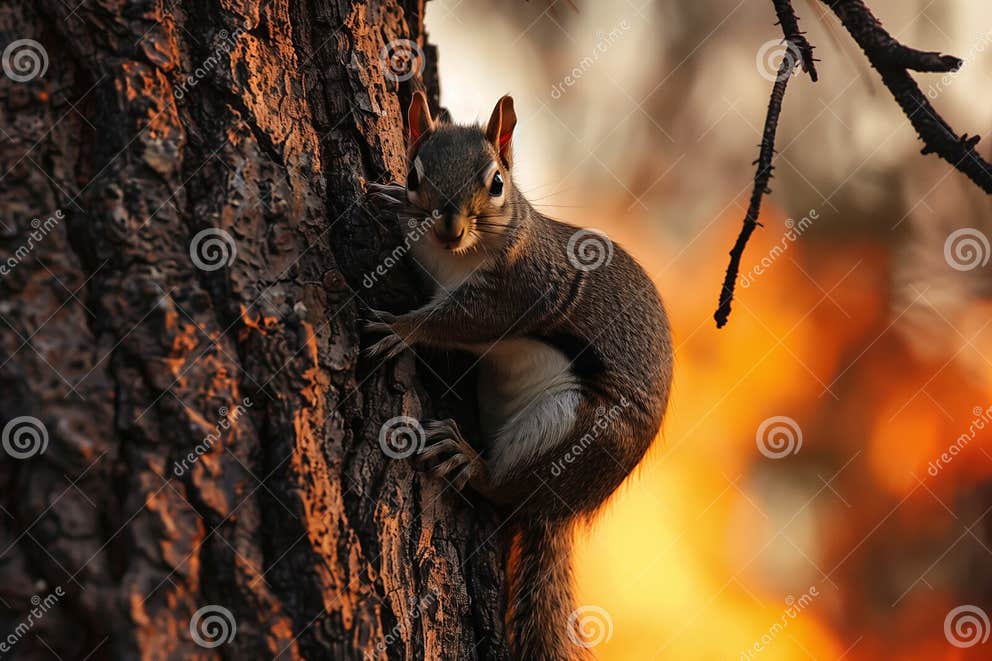 Squirrel on Tree Trunk, Fiery Horizon in View Stock Image - Image of ...