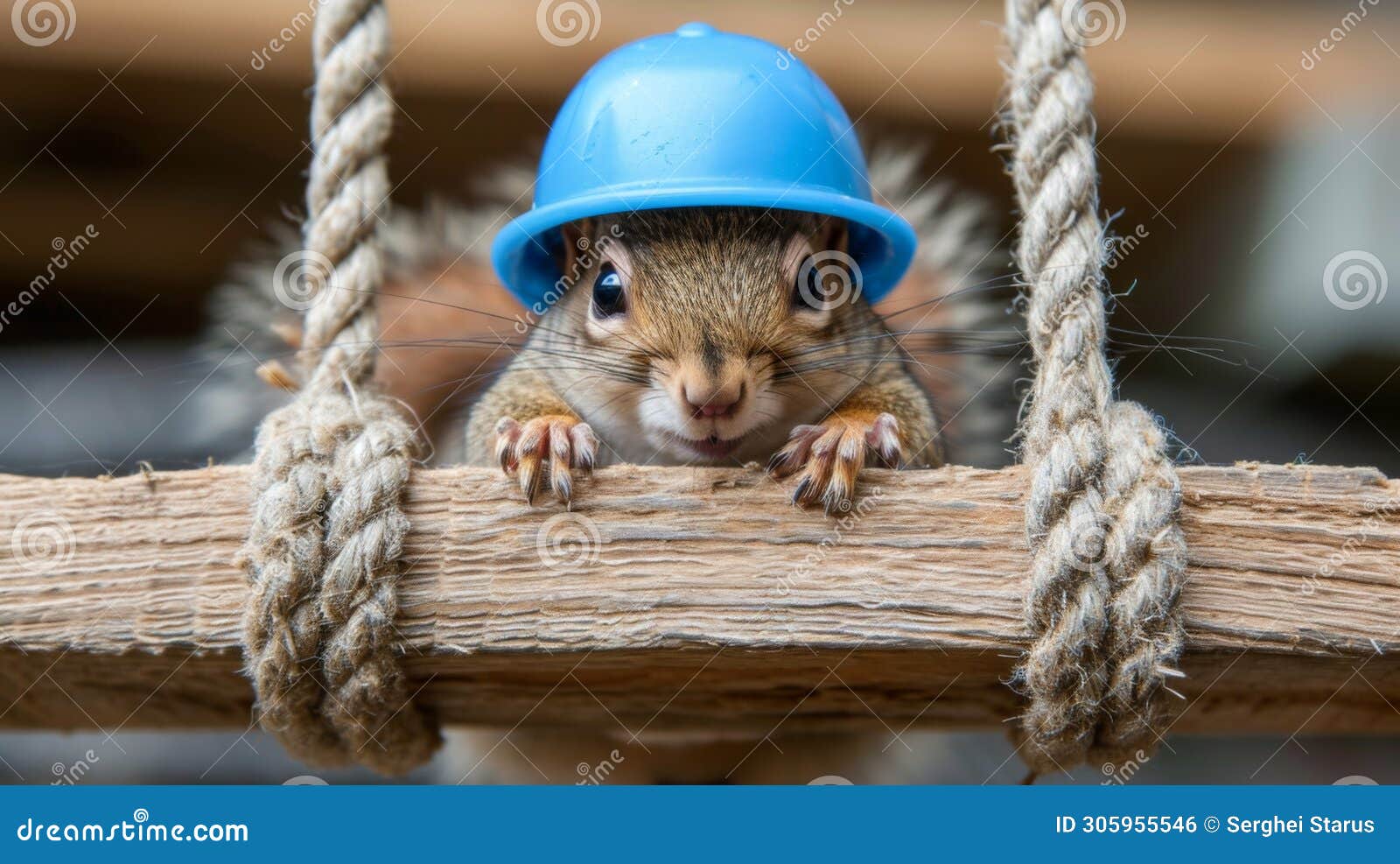 A Squirrel Wearing a Blue Hard Hat on Top of Wooden Structure, AI Stock ...