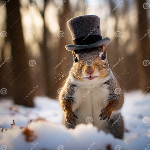 A Squirrel Wearing a Top Hat in the Snow, AI Stock Image - Image of ...