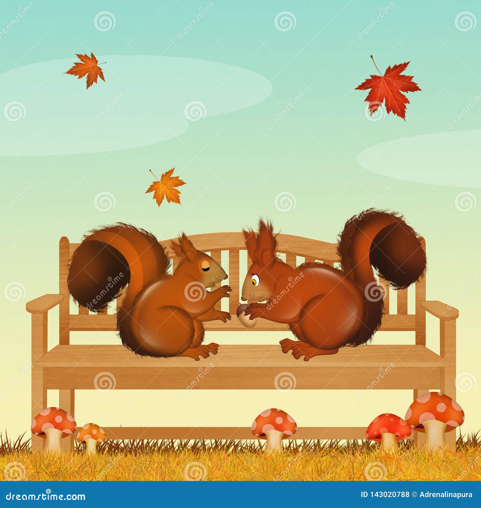 Squirrels on bench stock illustration. Illustration of cartoon - 143020788