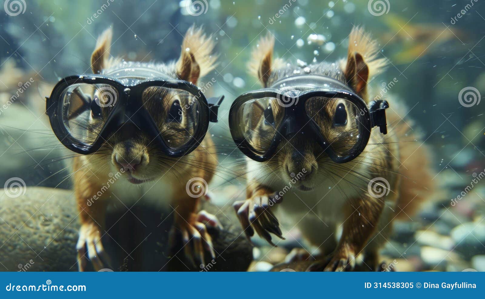 Squirrels in Diving Goggles Explore the Underwater World of an Aquarium ...