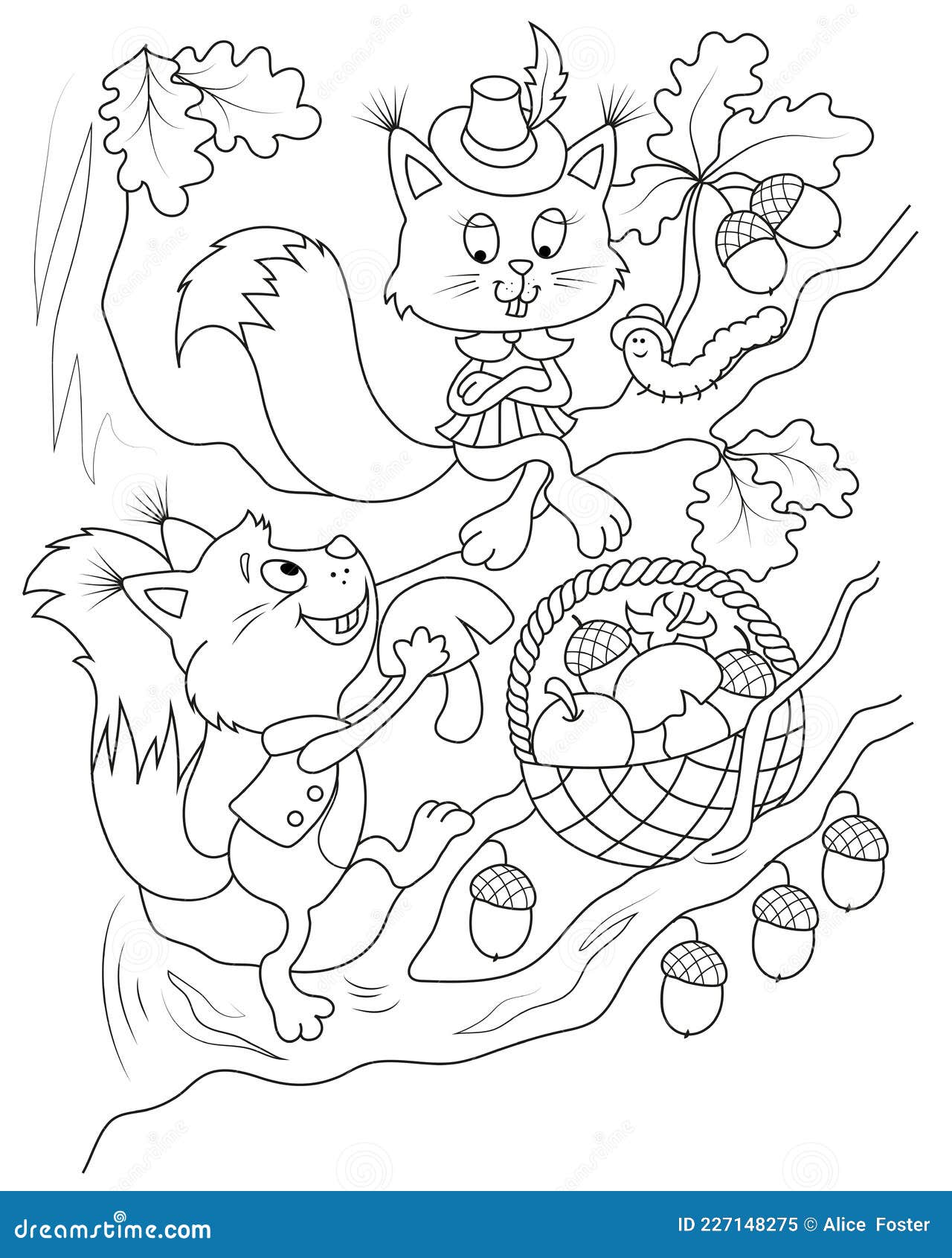 Squirrels on Tree in Autumn. Coloring Card for Children. Vector ...