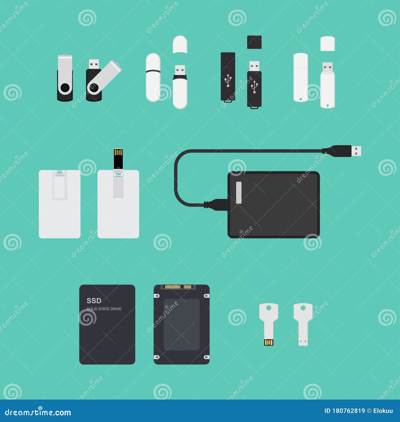 SSD and USB Storage Devices Set on Blue Background Stock Vector ...