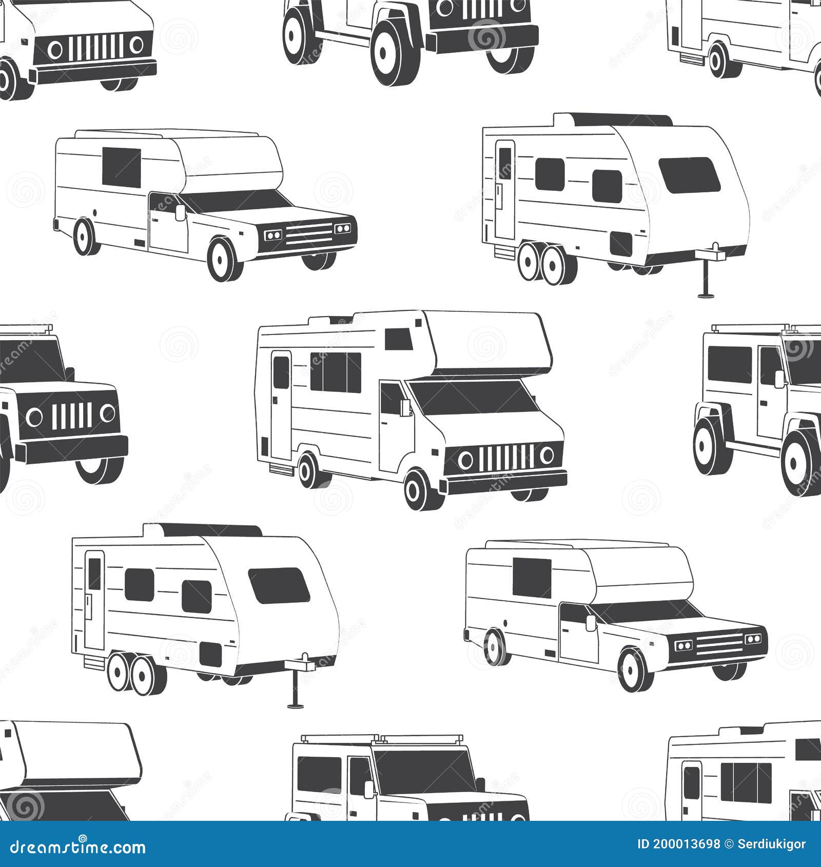 Sseamless Pattern with Camper Vans Silhouettes Vector Illustration ...