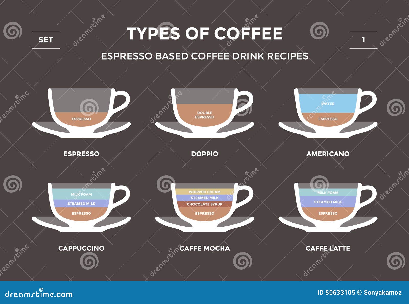 Ställ in Typer Av Kaffe Information-diagram Vektor Illustrationer ...