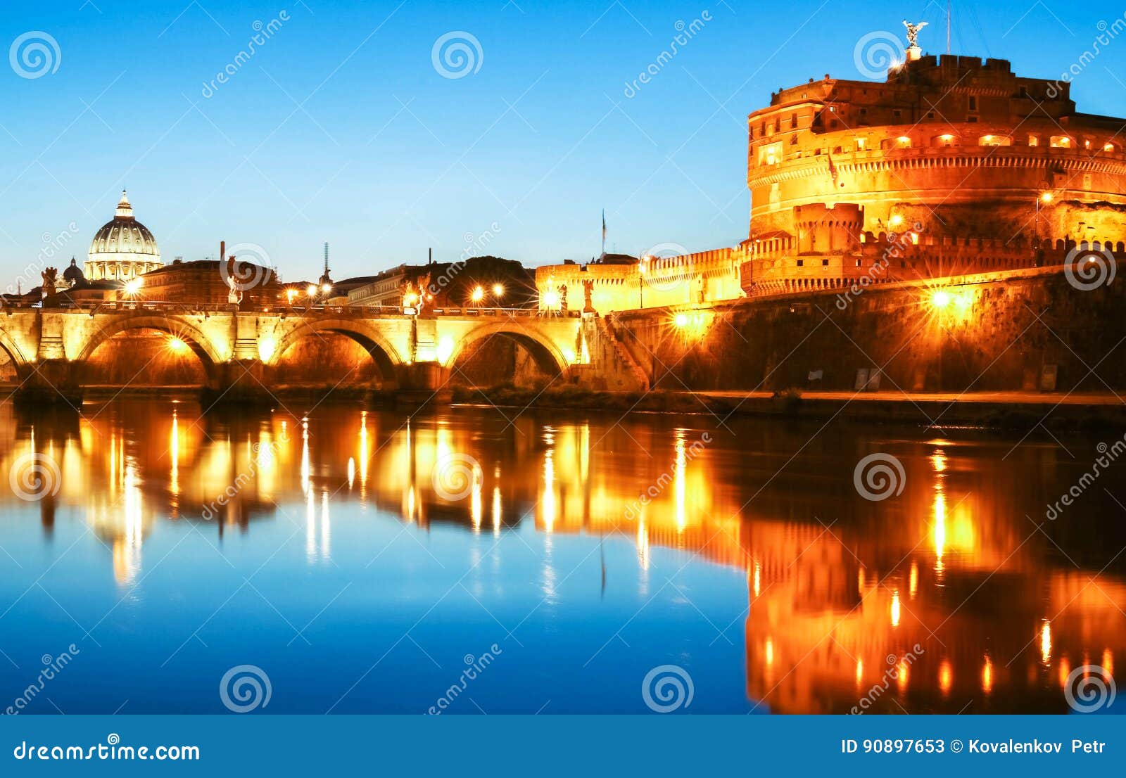 The St.Angelo Bridge and Castle Sant`Angelo by Night, Rome. Stock Image ...